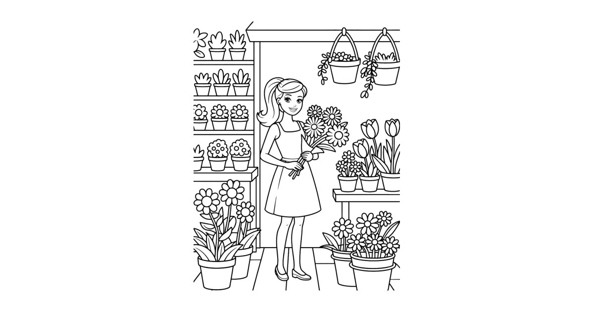 Barbie kleurplaat bloemenwinkel | Gratis printen | Minipret