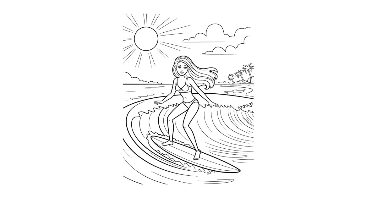 Barbie surft op de golven kleurplaat — Gratis printen | Minipret