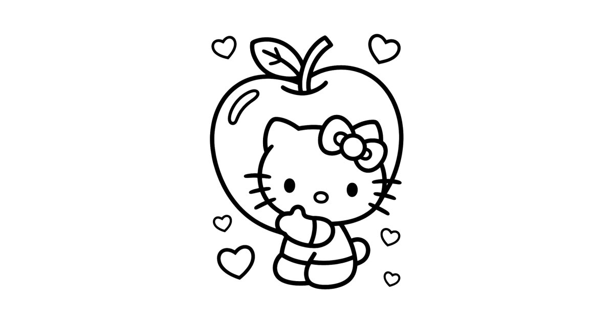 Hello Kitty en de reuzenappel kleurplaat — Gratis printen | Minipret