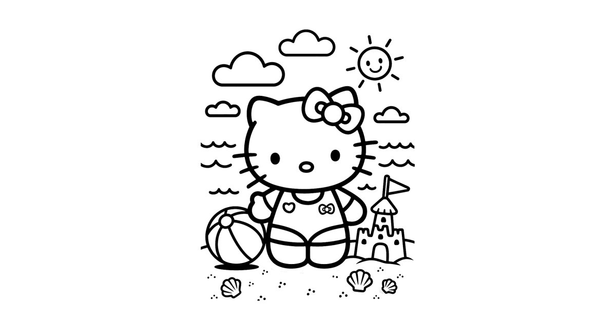 Hello Kitty op het zomerstrand kleurplaat — Gratis printen | Minipret