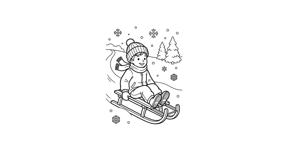 Kind op de slee in de sneeuw kleurplaat — Gratis printen | Minipret