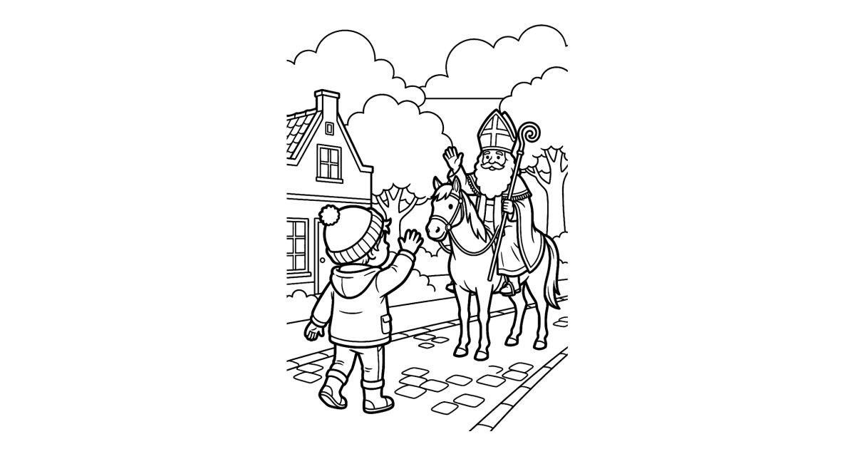 Kind zwaait naar Sinterklaas kleurplaat op straat | Gratis printen ...