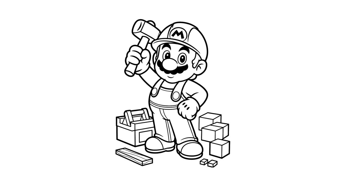 Mario kleurplaat bouwer met hamer | Gratis printen | Minipret
