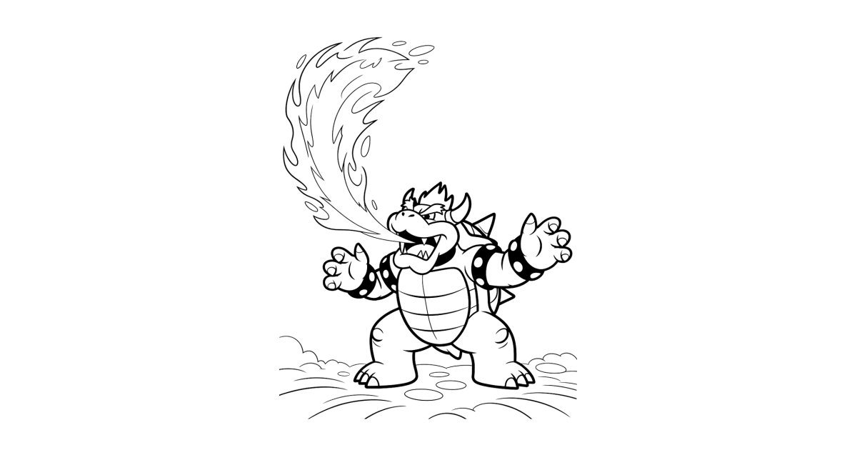 Bowser kleurplaat ademt vuur | Gratis printen | Minipret