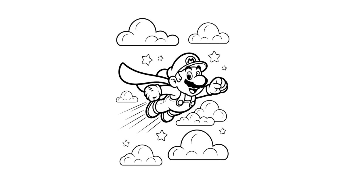 Mario kleurplaat cape zweeft wolken | Gratis printen | Minipret