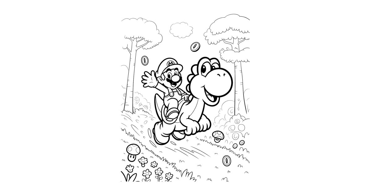 Mario op Yoshi door bos kleurplaat — Gratis printen | Minipret