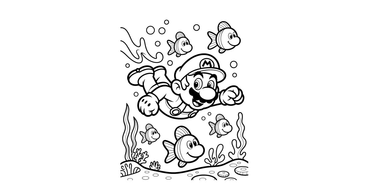 Mario zwemt onderwater kleurplaat — Gratis printen | Minipret