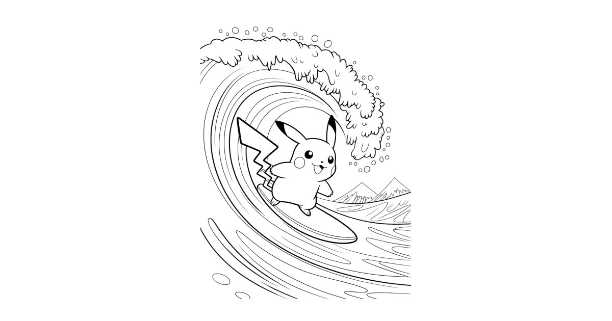 Pikachu surft op een golf kleurplaat — Gratis printen | Minipret