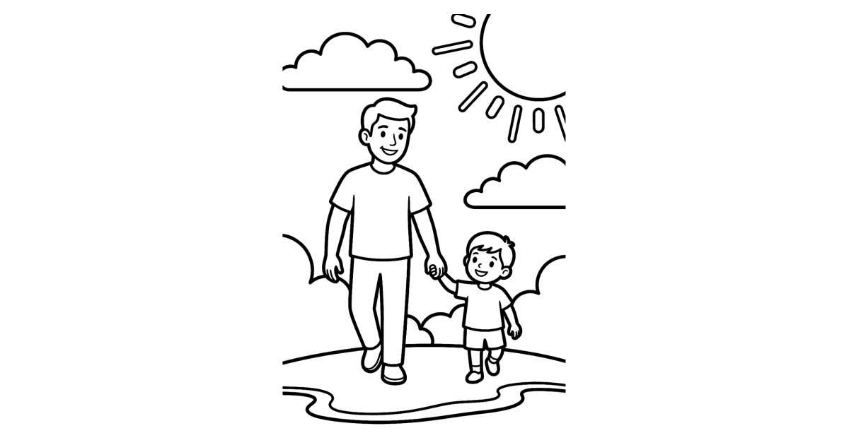 Vader en Kind Lopen Hand in Hand Vaderdag Kleurplaat | Minipret