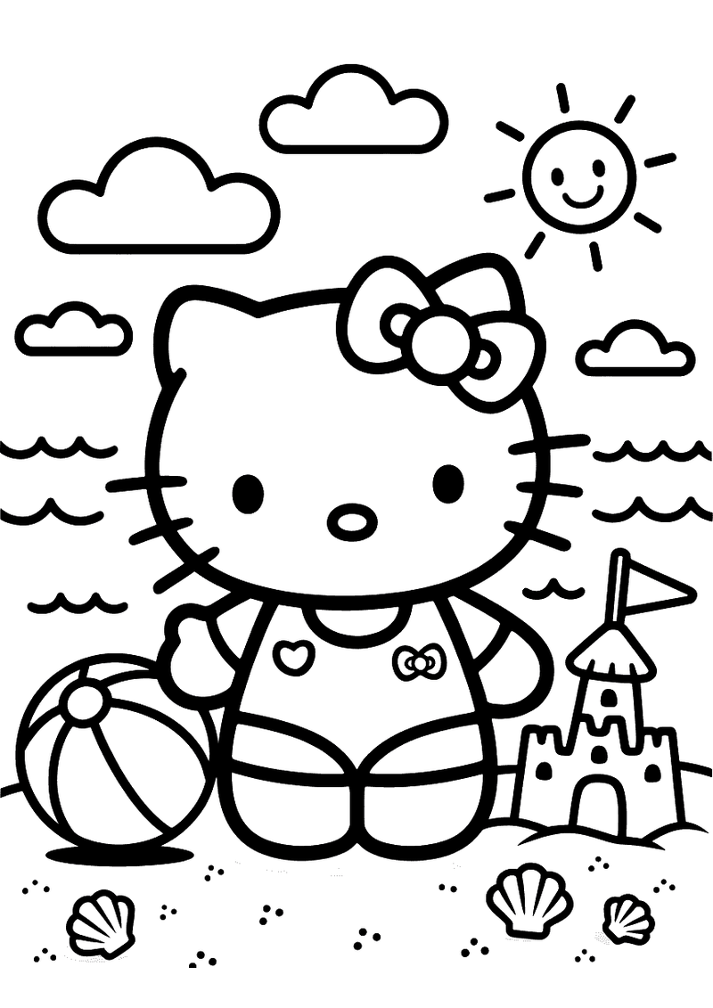 Hello Kitty op het zomerstrand kleurplaat — Gratis printen | Minipret
